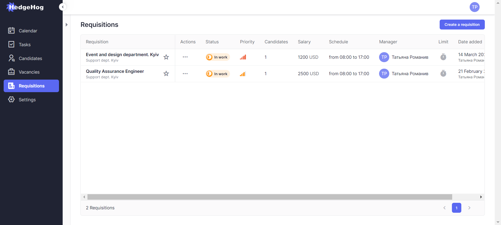 Requisitions – Hedgehog System