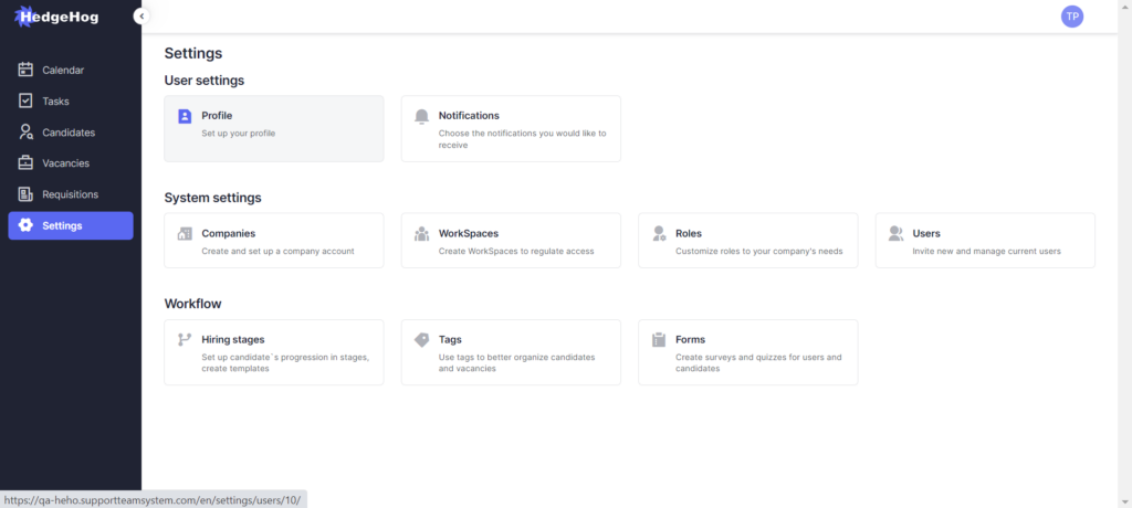 Settings – Hedgehog System