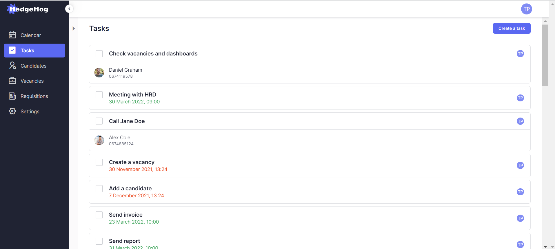 Tasks – Hedgehog System