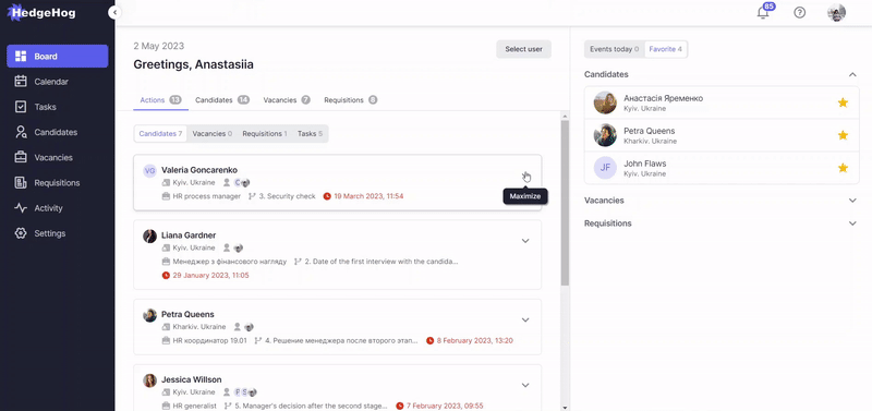 Actions – Candidates – Hedgehog System