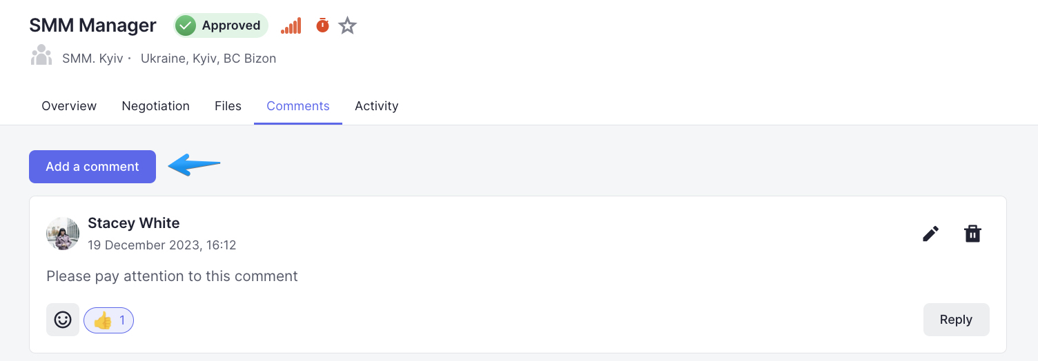 Comments added to a requisition profile – Hedgehog System