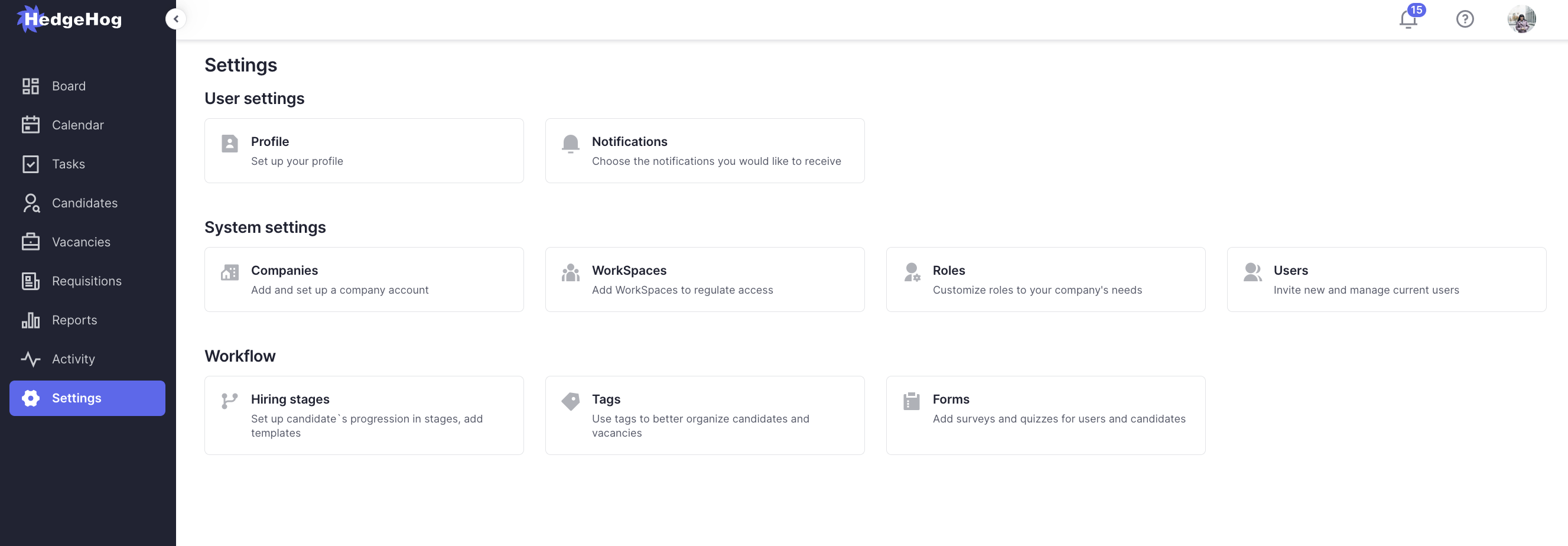 Settings – Hedgehog System