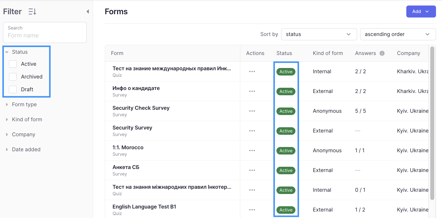 Form statuses – Hedgehog System